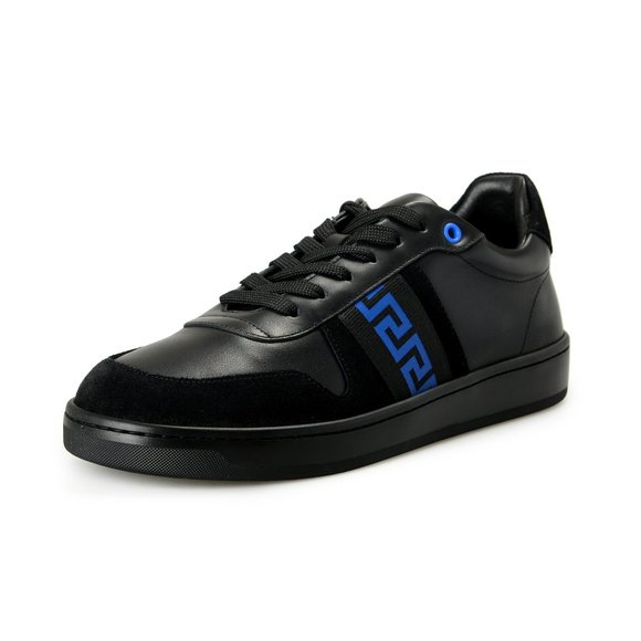 Versace | Shoes | Versace Mens Black Royal Blue Greca Leather Sneakers ...